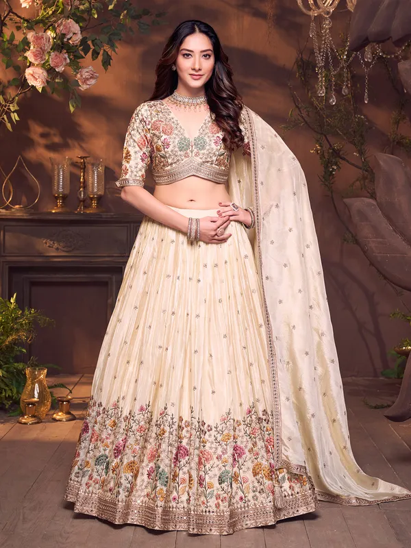Cream silk V neck mirror work lehenga choli-G3-WLC17510 | United...