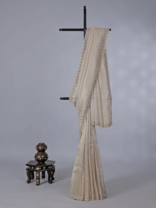 Cream soft tissue silk saree with luxe handwork-G3-WSA60993