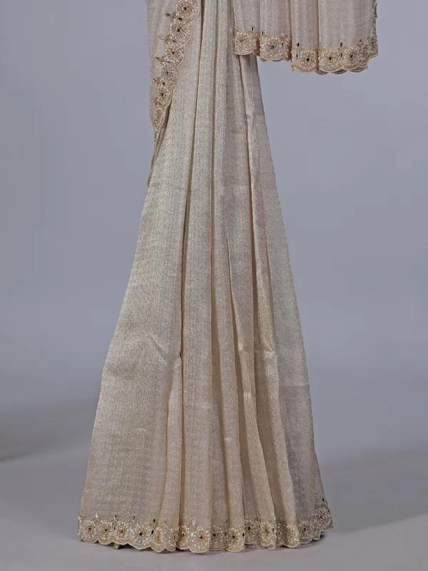 Cream soft tissue silk saree with luxe handwork-G3-WSA60993