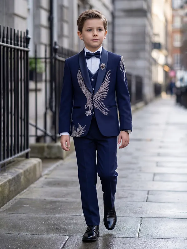 Dark blue terry rayon coat suit with shawl lapel...