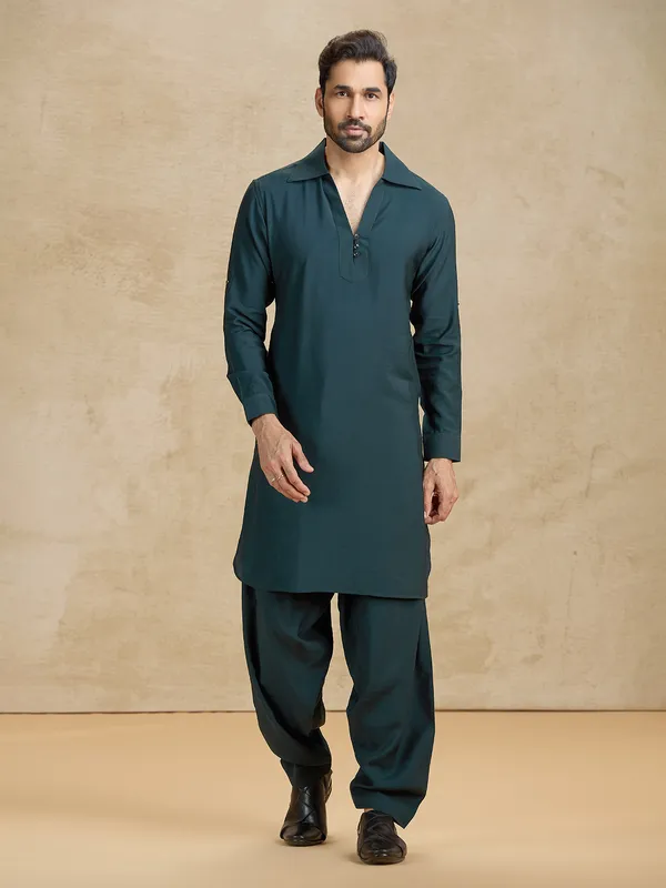 Dark green cotton silk festive pathani suit-G3-MPS4328 | Australia