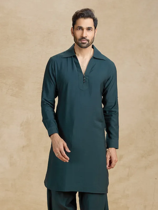 Dark green cotton silk festive pathani suit-G3-MPS4328 | Australia