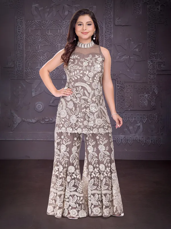 Dark grey net halter neck designer palazzo suit-G3-GSS3598