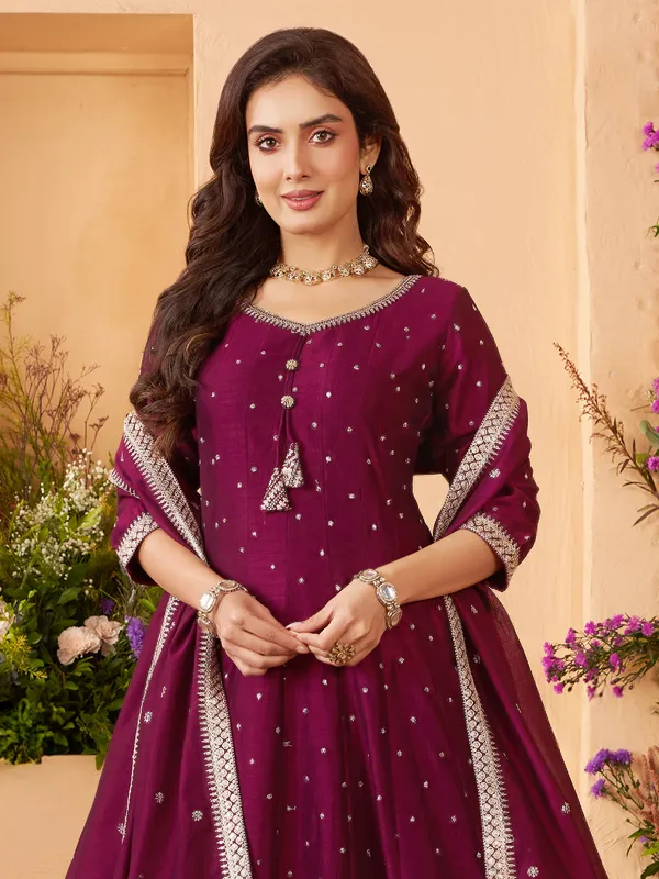 Dark purple silk pakistani style anarkali ensemble-G3-WSS45025