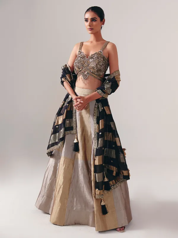 Gold and silver silk lehenga choli with rich embellished...