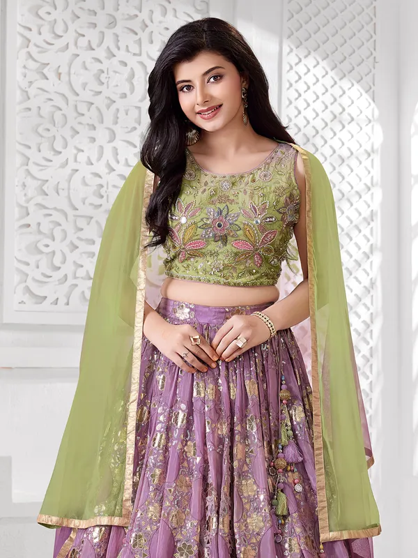 Green mirror work lehenga choli with dupatta-G3-GCS3171