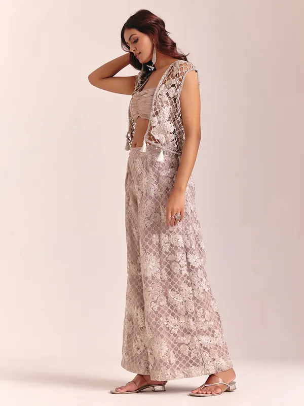 Grey net jacket style designer wedding palazzo suit-G3-WSS44700