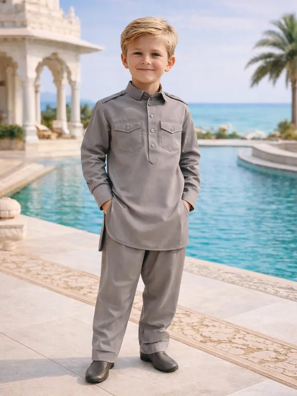 Grey silk collar style pathani suit-G3-BPS01289 | Canada