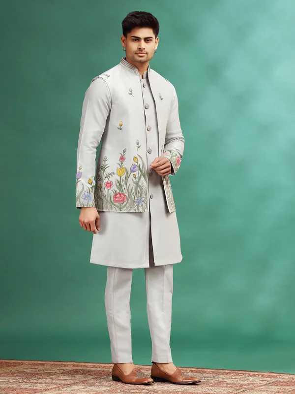 Grey silk wedding wear waistcoat set with hand print-G3-MWCS457