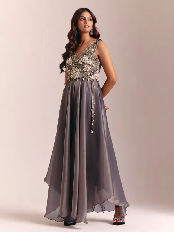 Grey tissue silk sleeveless designer embellished suit-G3-WSS44705...