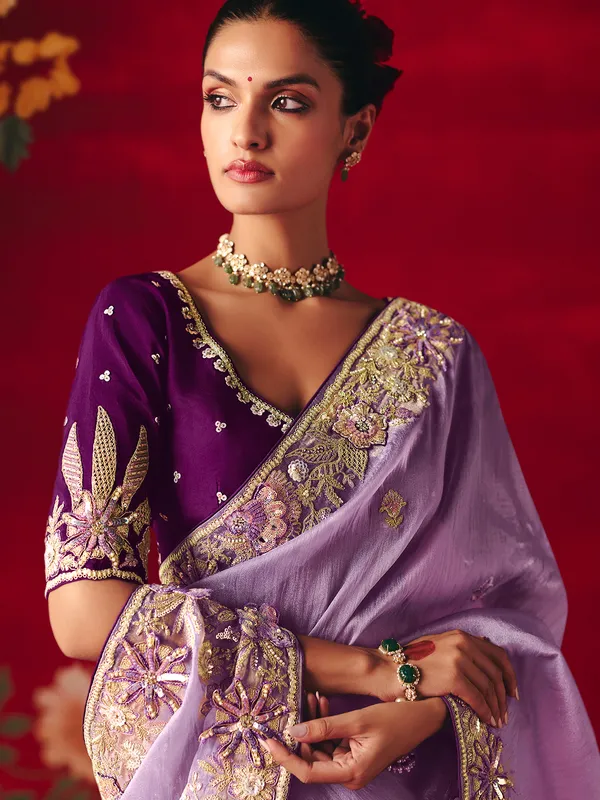Lavender purple tissue organza embroidered work saree-G3-WSA61590