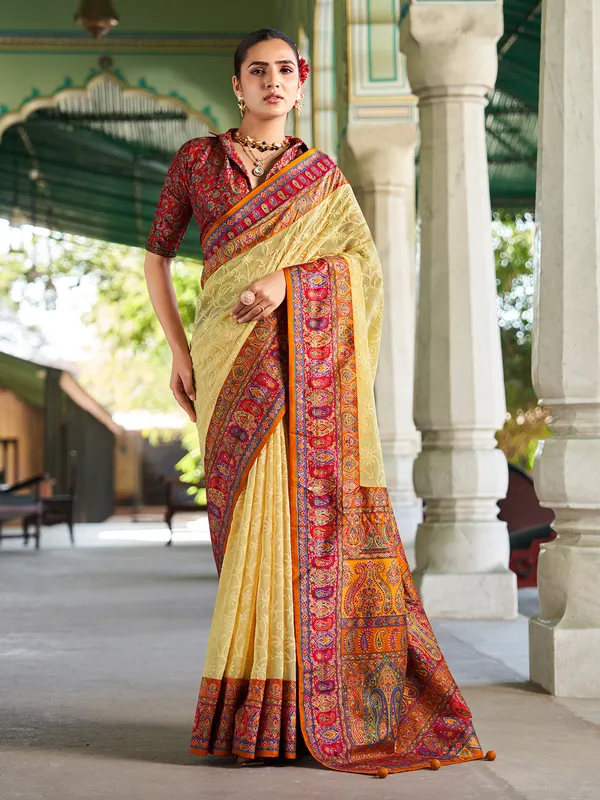 Light yellow georgette luknowi foil saree-G3-WSA62076