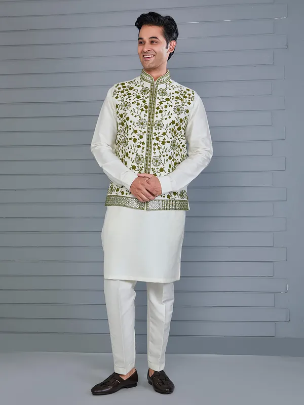Mehendi green and off white silk waistcoat set-G3-MWCS504 | United...
