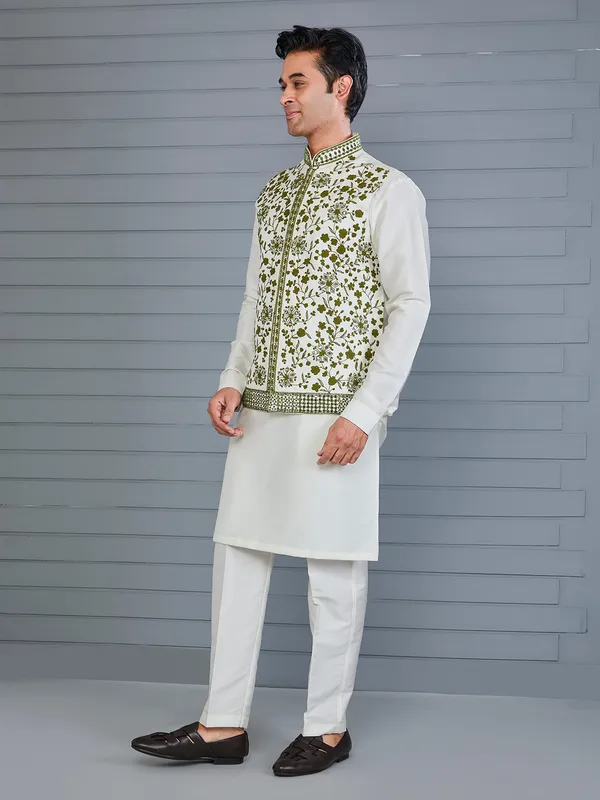 Mehendi green and off white silk waistcoat set-G3-MWCS504 | United...