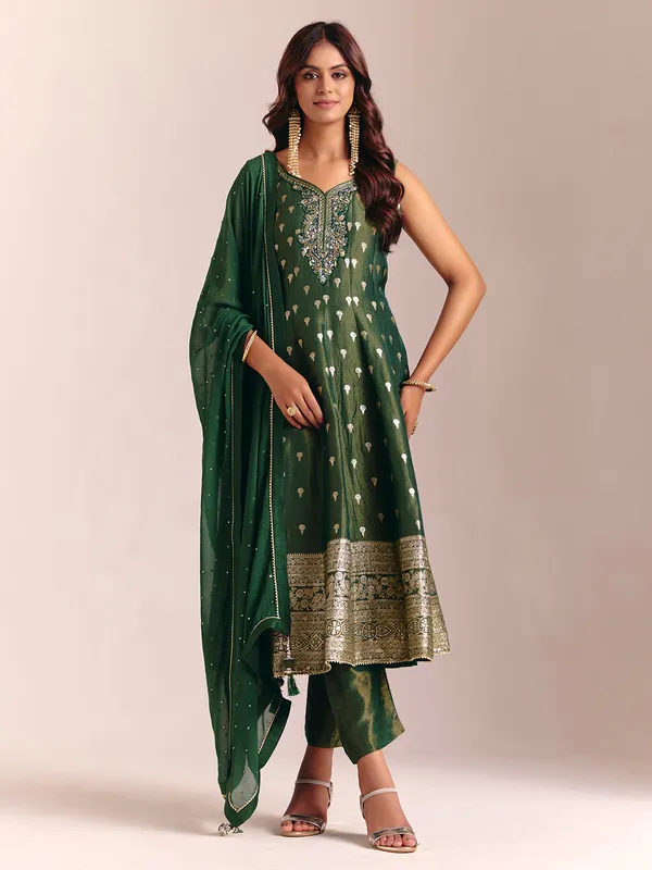 Mehendi green silk sleeveless salwar suit with dupatta-G3-WSS44702...