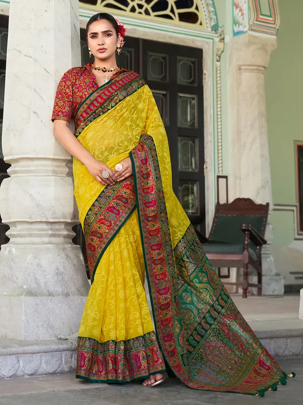 Mehndi yellow georgette foil print saree-G3-WSA62074