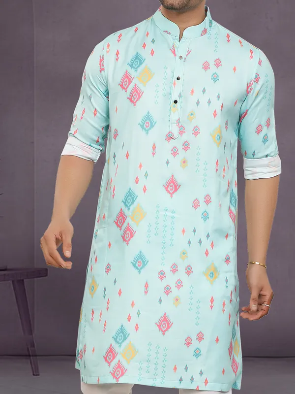 Mint blue cotton silk printed kurta for festive style-G3-MSP01471...