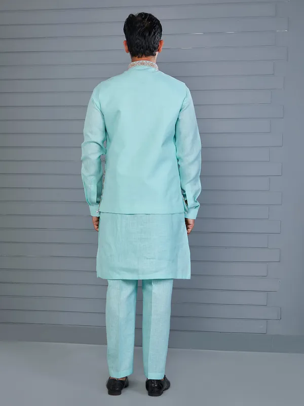 Mint blue silk embroidered work waistcoat set-G3-MWCS522 | United...