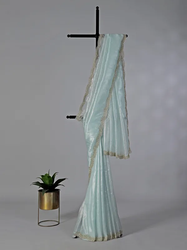 Mint blue tissue silk pearl work saree-G3-WSA61334 | Canada