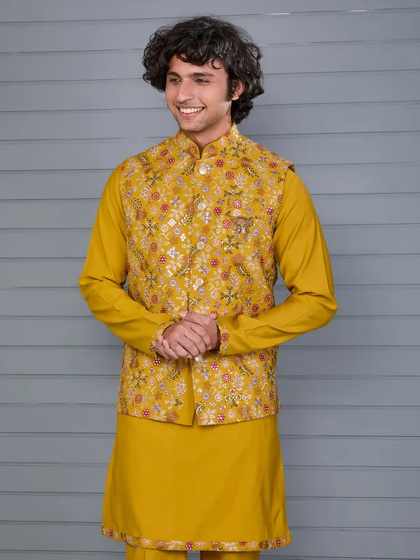Mustard yellow silk festive waistcoat set-G3-MWCS511 | United Kingdom