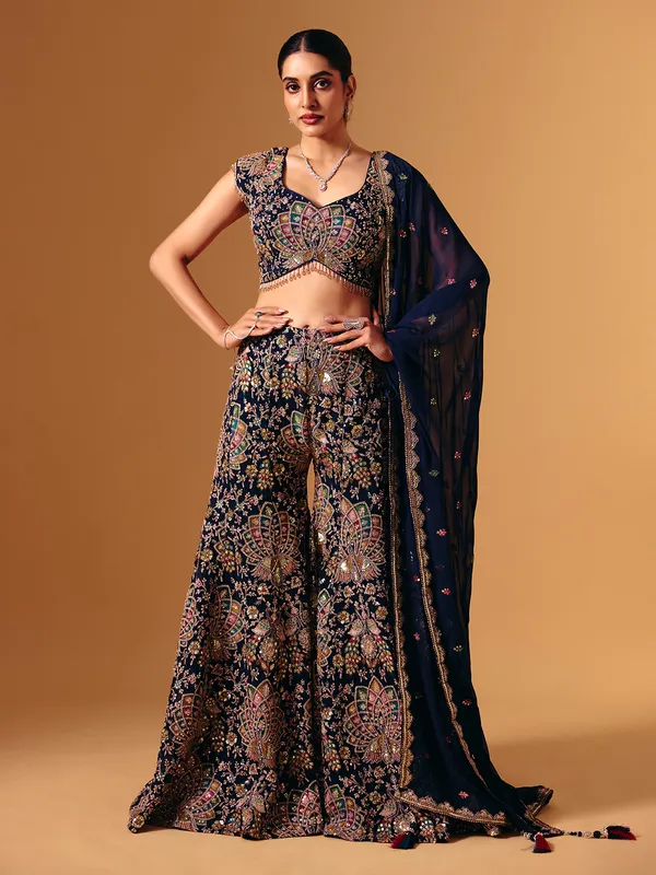 Navy blue pakistani georgette palazzo suit-G3-WSS44834 | United States
