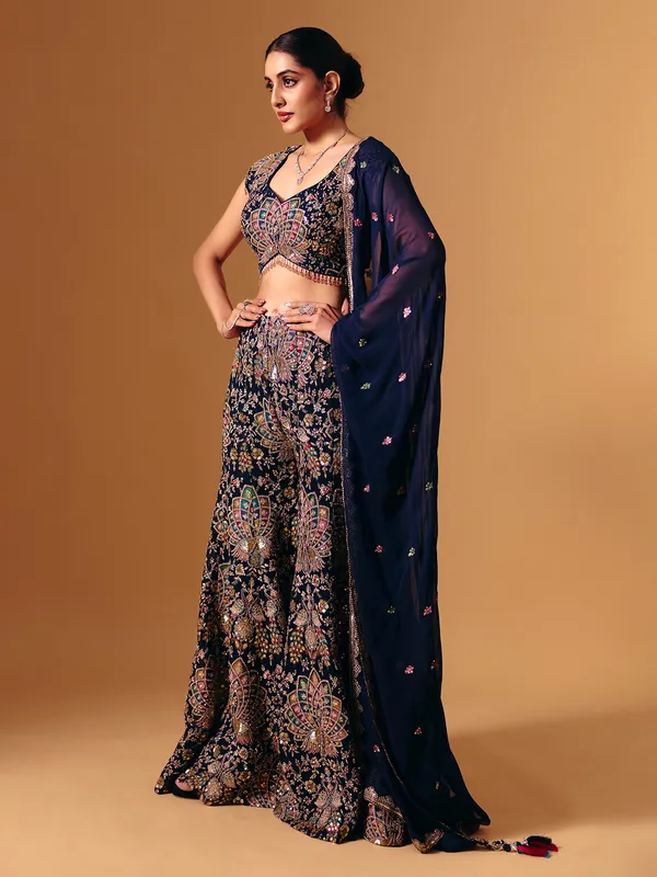 Navy blue pakistani georgette palazzo suit-G3-WSS44834 | United States