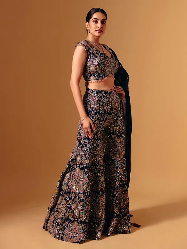 Navy blue pakistani georgette palazzo suit-G3-WSS44834 | United States