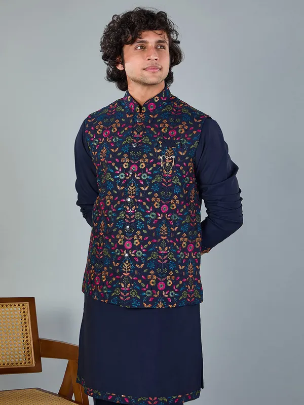 Navy blue silk embroidered work waistcoat set-G3-MWCS510 | United...