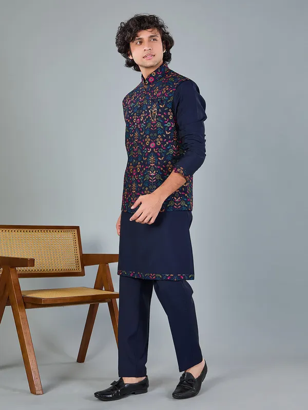 Navy blue silk embroidered work waistcoat set-G3-MWCS510 | United...
