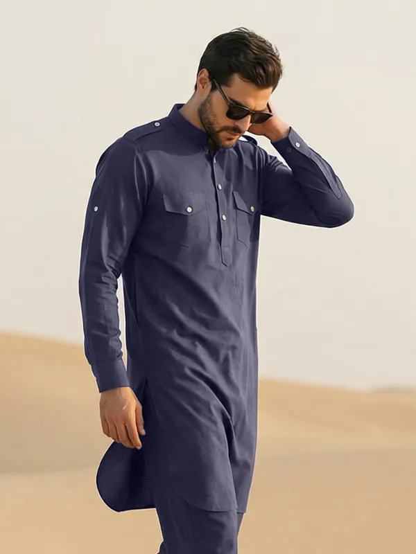 Navy blue stylish mandarin pathani ensemble-G3-MPS4317 | Canada