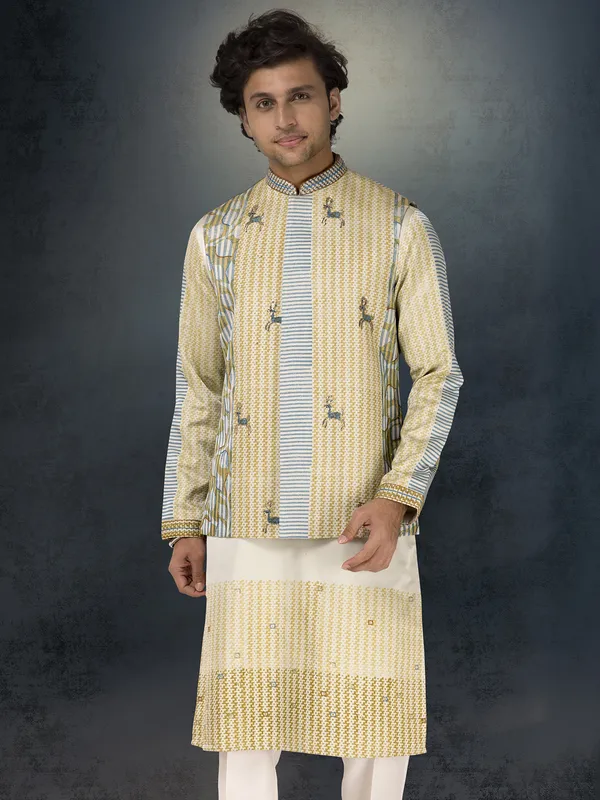 Olive silk waistcoat set with thread and resham work-G3-MWCS430