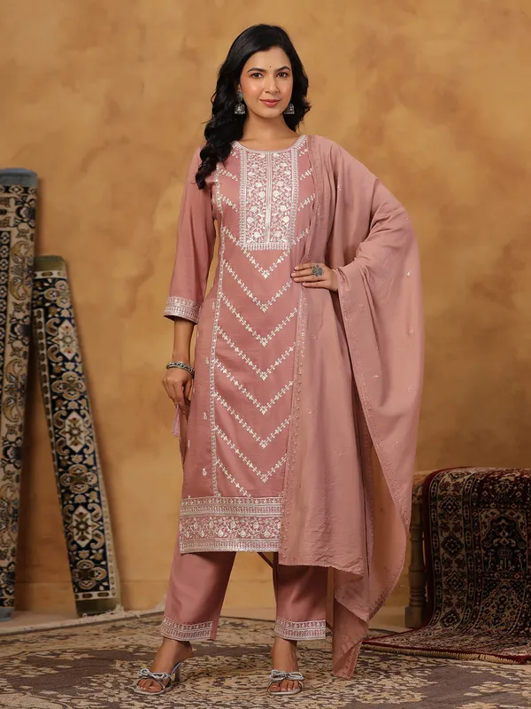 Onion pink embroidered silk kurti set for festive...