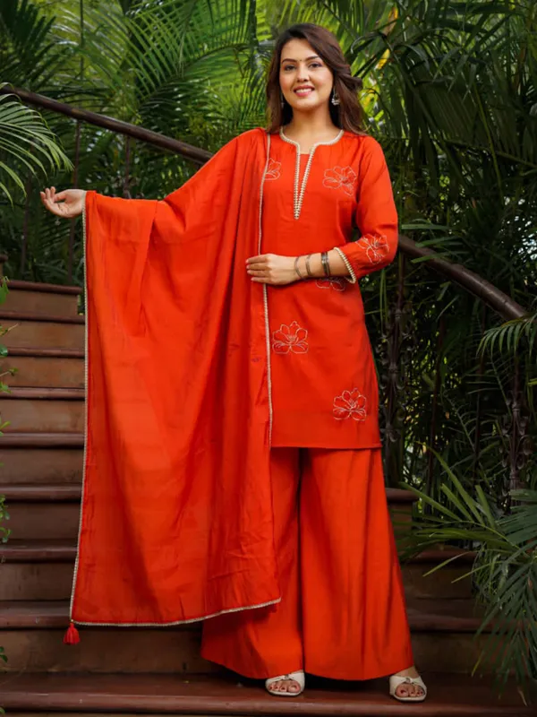 Orange cotton silk palazzo set with dupatta-G3-WKS934 | Canada