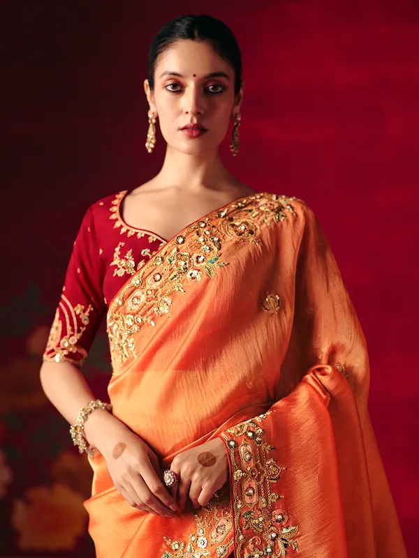 Orange tissue organza embroidered festive saree-G3-WSA61587 | Canada