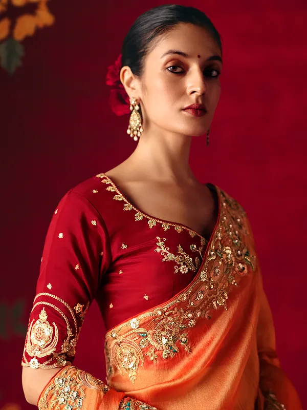 Orange tissue organza embroidered festive saree-G3-WSA61587 | Canada