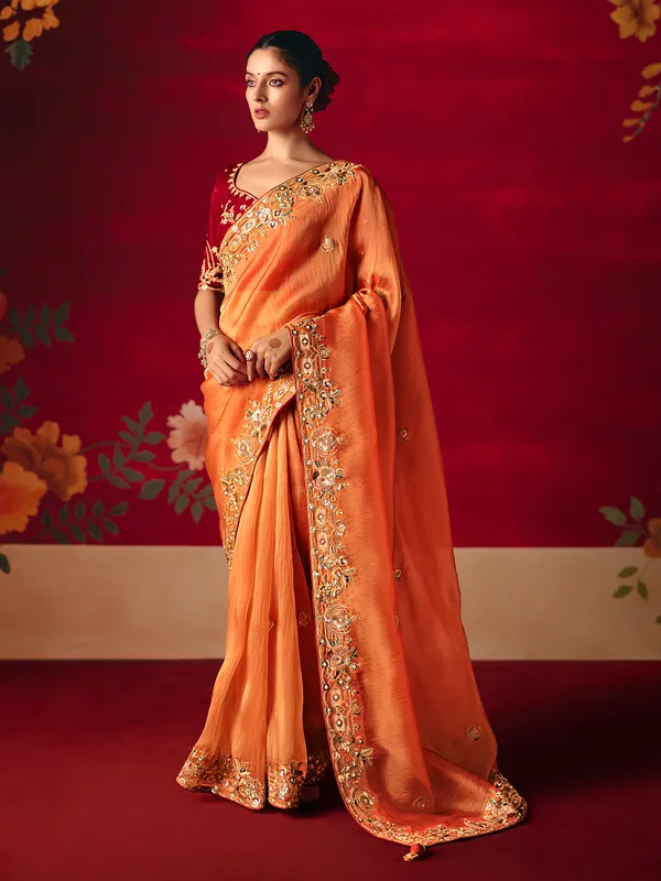 Orange tissue organza embroidered festive saree-G3-WSA61587 | Canada