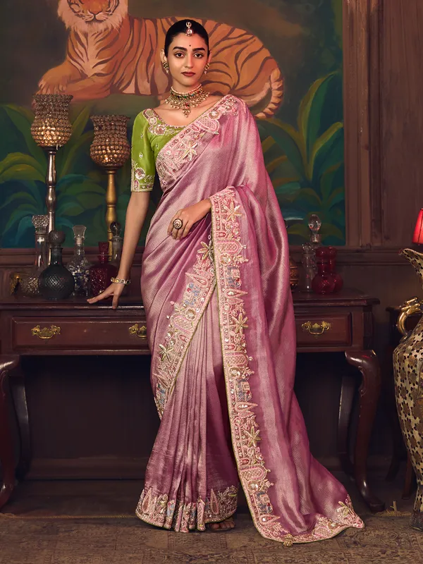 Pastel pink silk embroidered work festive wear saree-G3-WSA61663