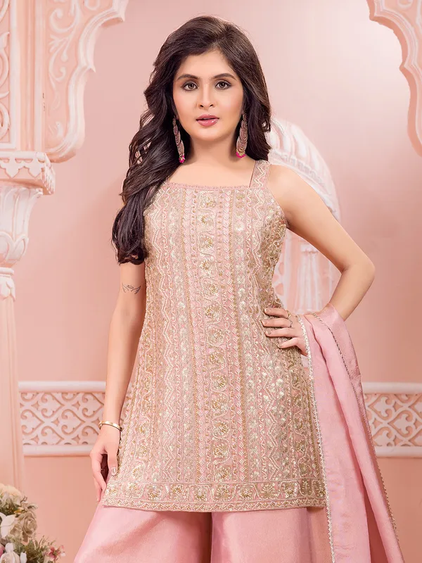 Peach silk embellished palazzo suit for wedding wear-G3-GSS3560
