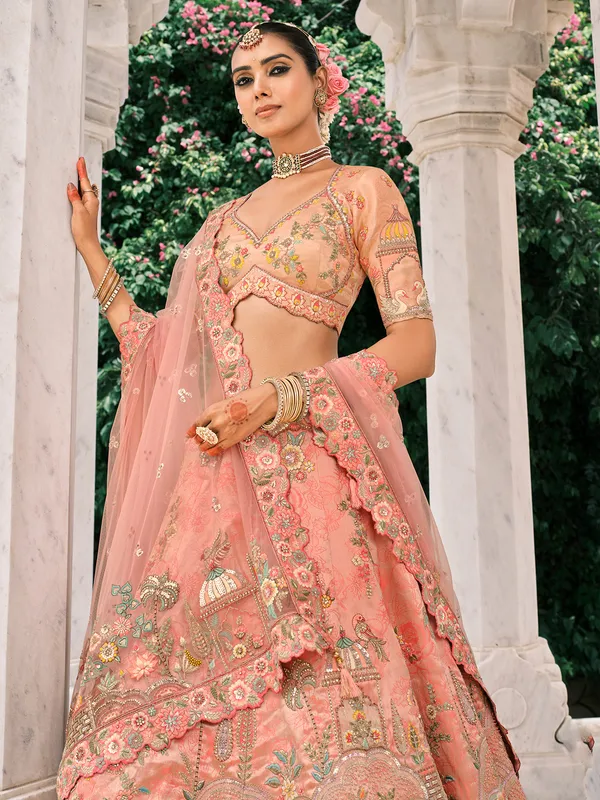 Peach silk lehenga choli for wedding with embroidery work-G3-WLC17581