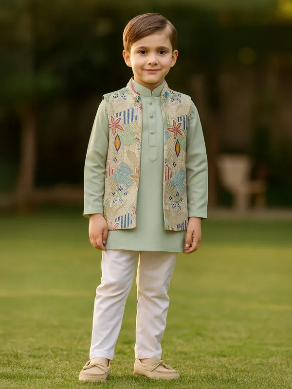 Pista green silk waistcoat set for boys wedding wear-G3-BWCS11629