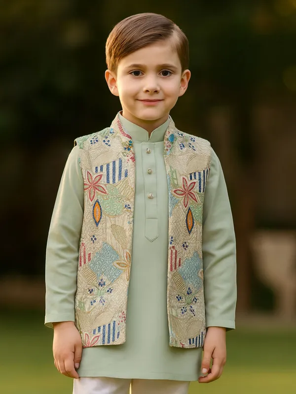 Pista green silk waistcoat set for boys wedding wear-G3-BWCS11629