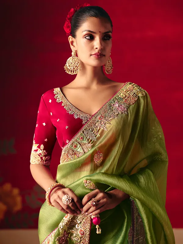 Pista green tissue organza wedding saree-G3-WSA61586 | Canada