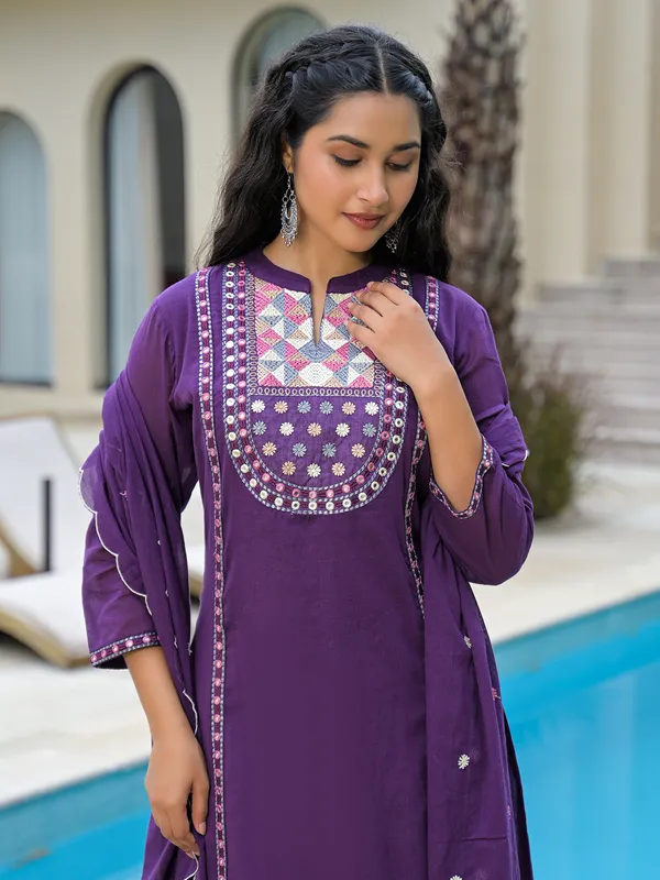 Purple cotton silk yoke style kurti set with dupatta-G3-WKS901