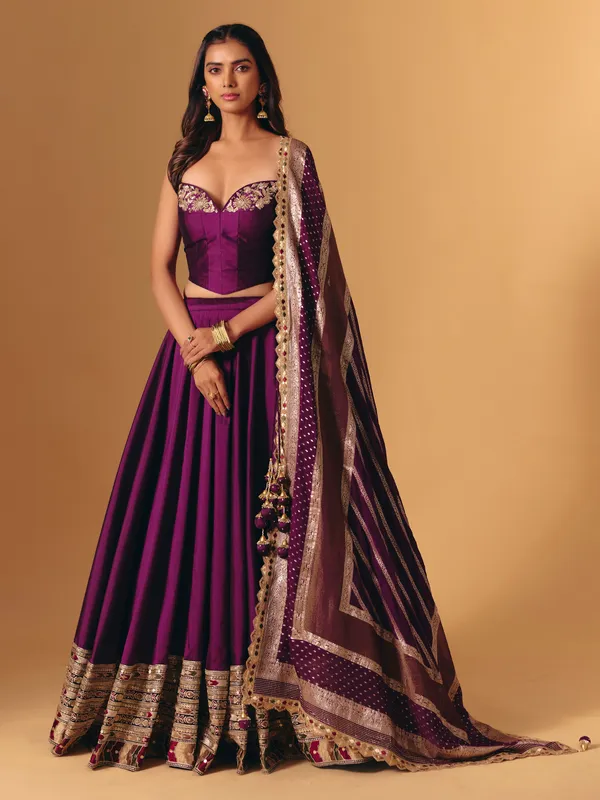 Purple silk wedding wear lehenga choli with zardosi...