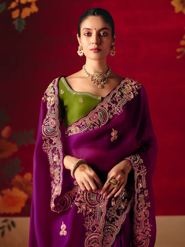 Purple tissue organza embroidered work festive saree-G3-WSA61591