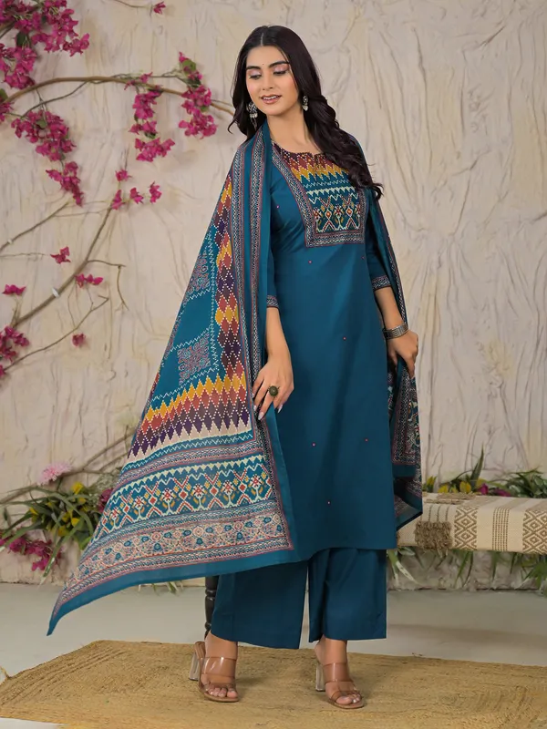 Rama blue cotton silk yoke kurti set-G3-WKS960 | United States