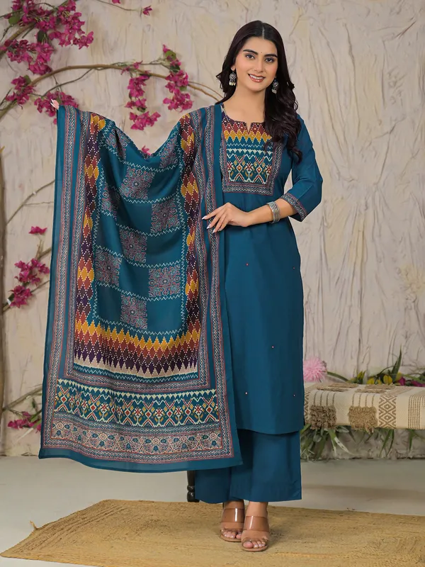 Rama blue cotton silk yoke kurti set-G3-WKS960 | United States