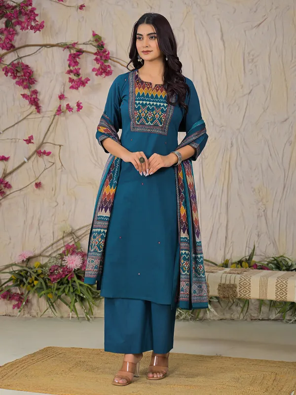 Rama blue cotton silk yoke kurti set-G3-WKS960 | United States