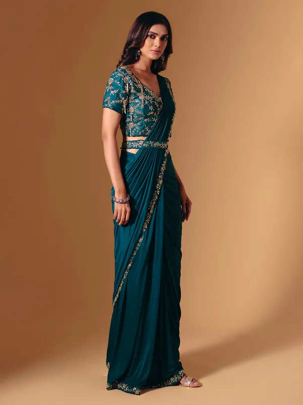 Rama green satin lycra saree with sparkling cutdana work-G3-WSA60861