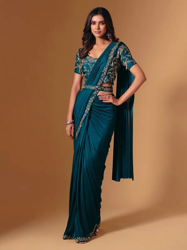 Rama green satin lycra saree with sparkling cutdana work-G3-WSA60861